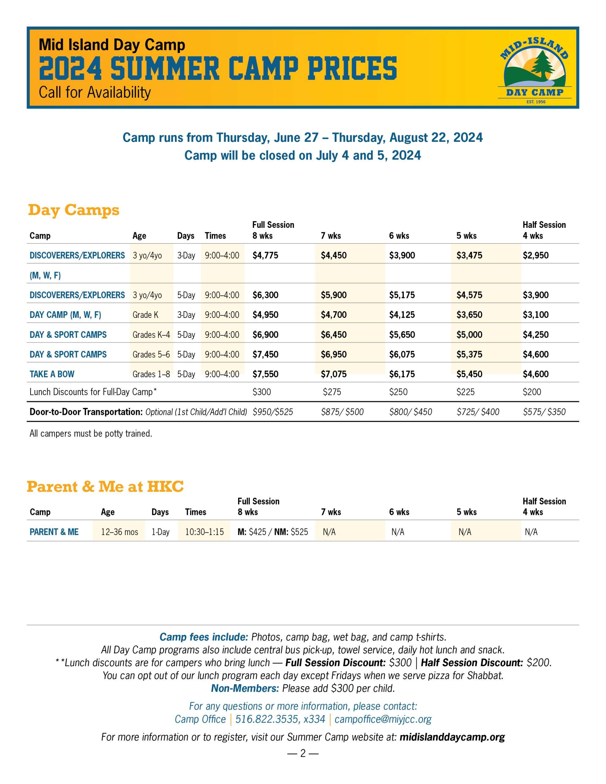 Camp Prices – Mid-Island Day Camp